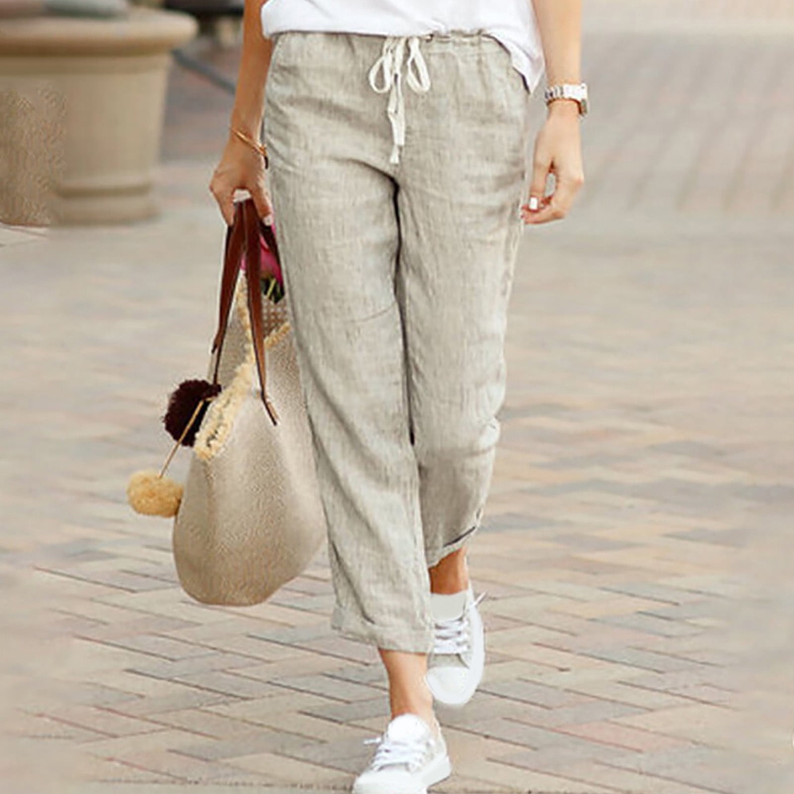 SELONE Wide Leg Cropped Pants for Women Plus Size Mid Rise Cotton Linen ...