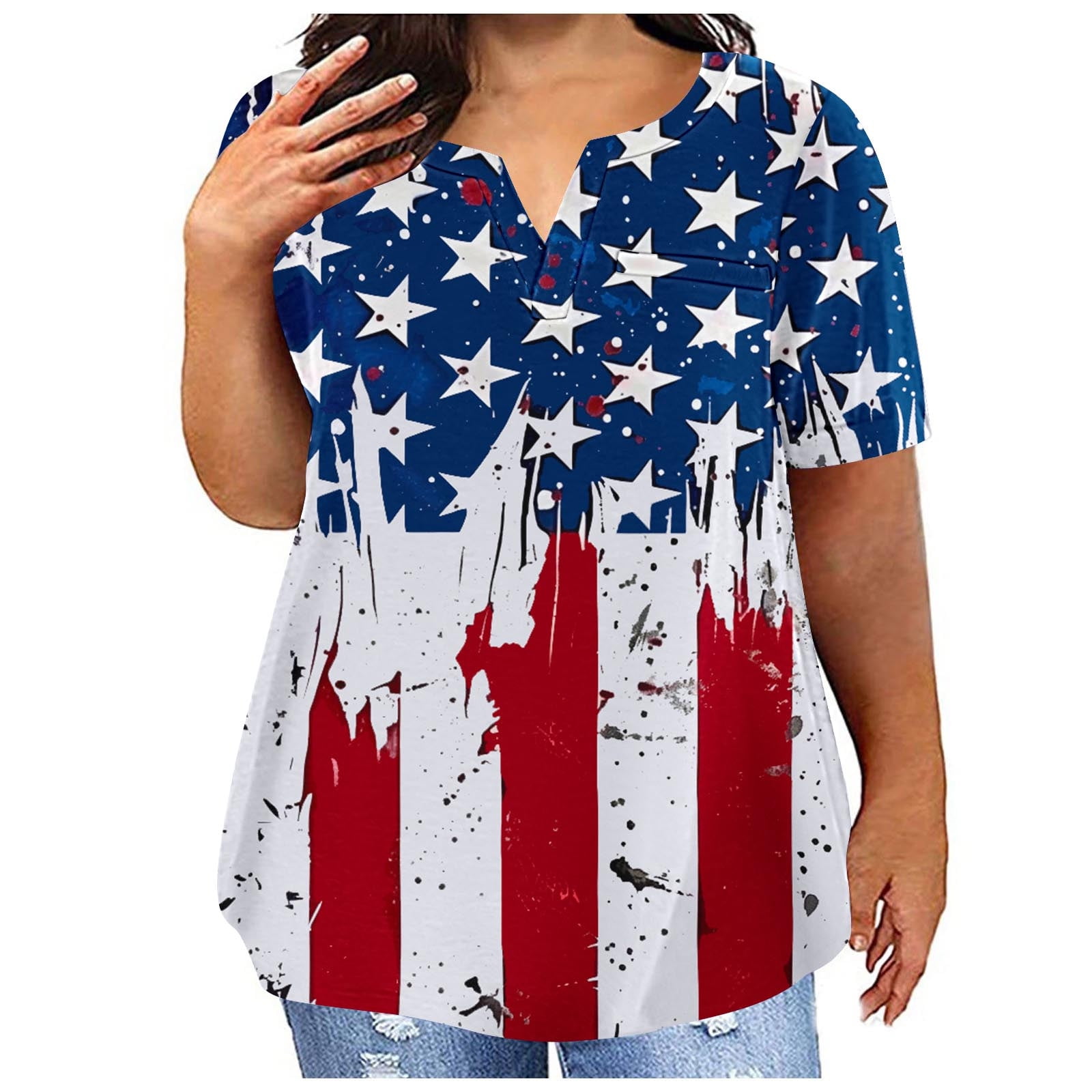 SELONE Womens Short Sleeve Tops Casual July 4th Plus Size Notch Neck ...