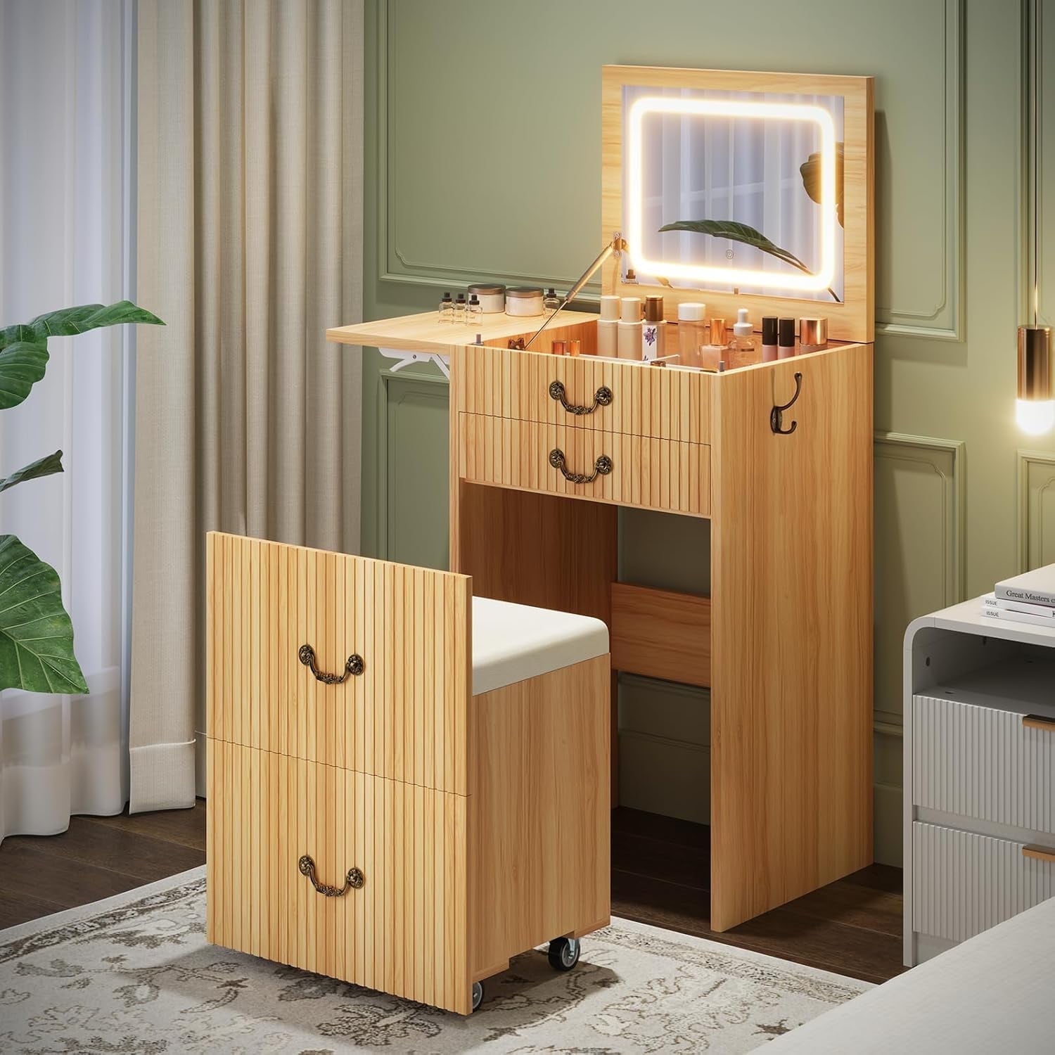 SELOOYE 3-in-1 Vanity with Flip Mirror, Lights, Storage Compartment, 3 ...