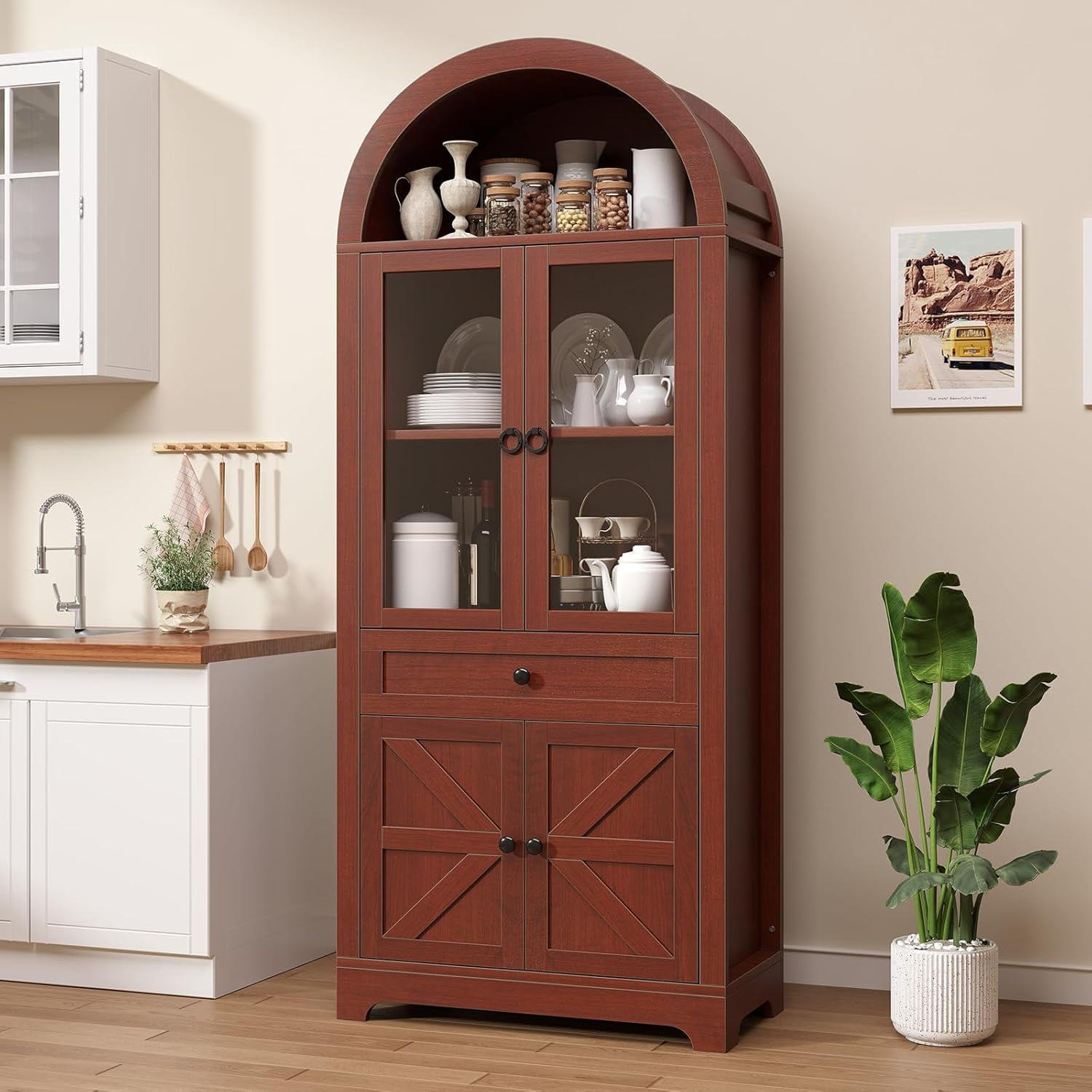 SELOOYE 71” Tall Arched Pantry Cabinet with Glass Door, Display Cabinet ...