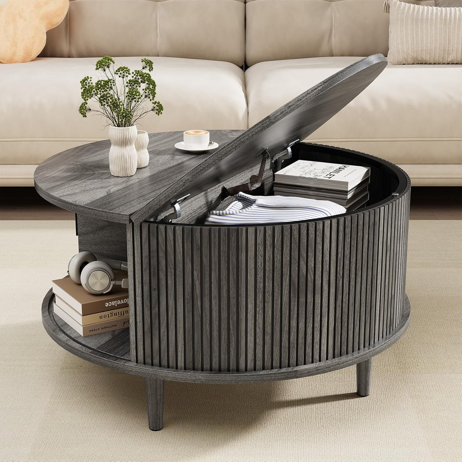 SELOOYE Mid Century Round Coffee Table, Fluted Center Table with ...
