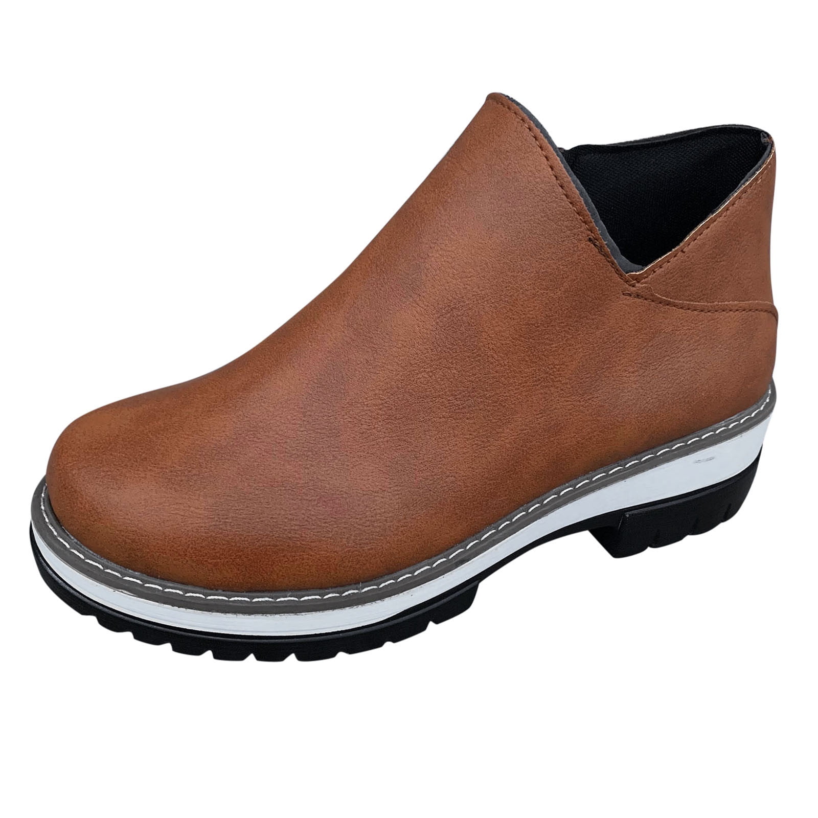SEMIMAY Ladies Vintage Solid Color Leather Side Zip Round Toe Heel ...