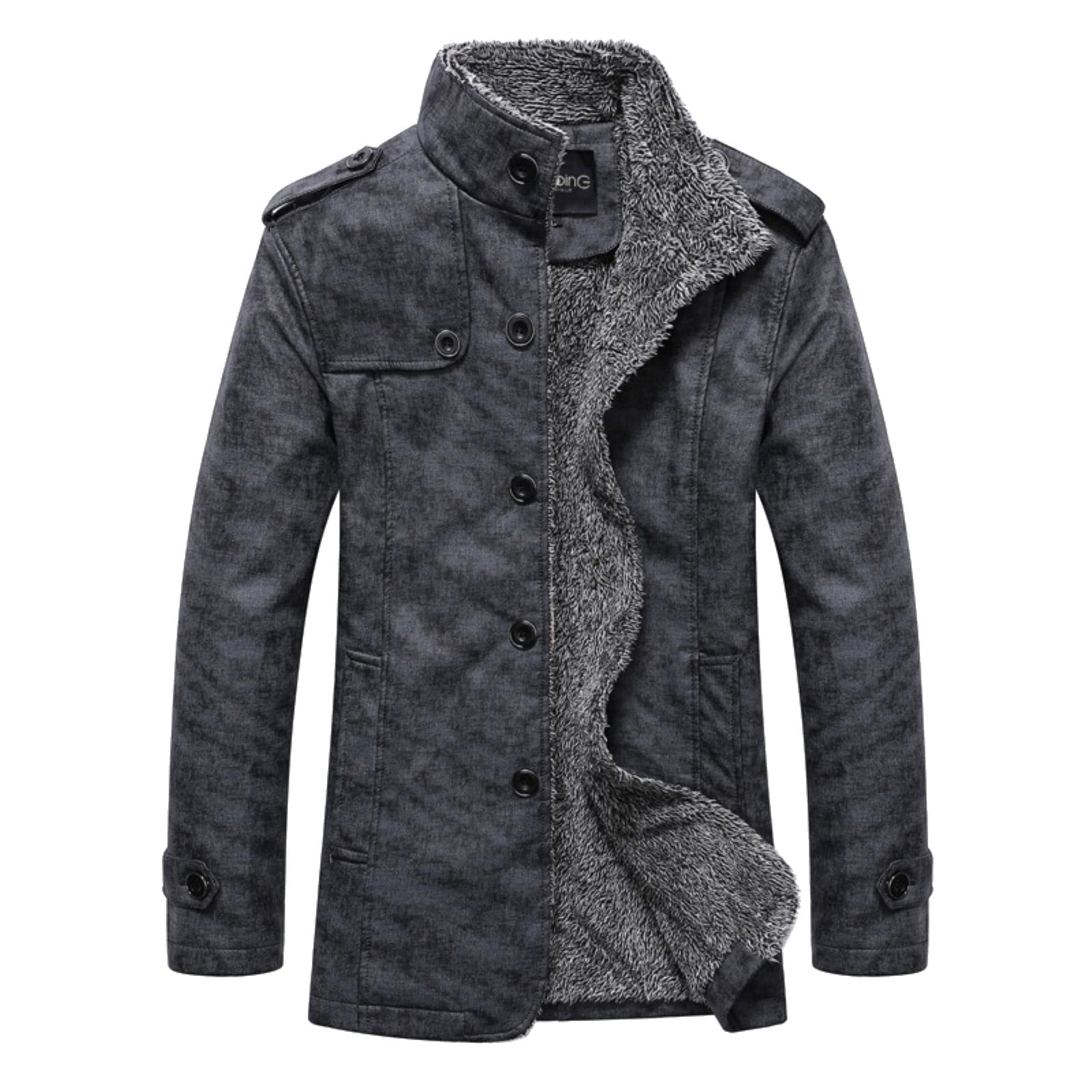 SEMIMAY Male Winter Solid Plush Slit Pocket Leather Jacket Slim Long ...