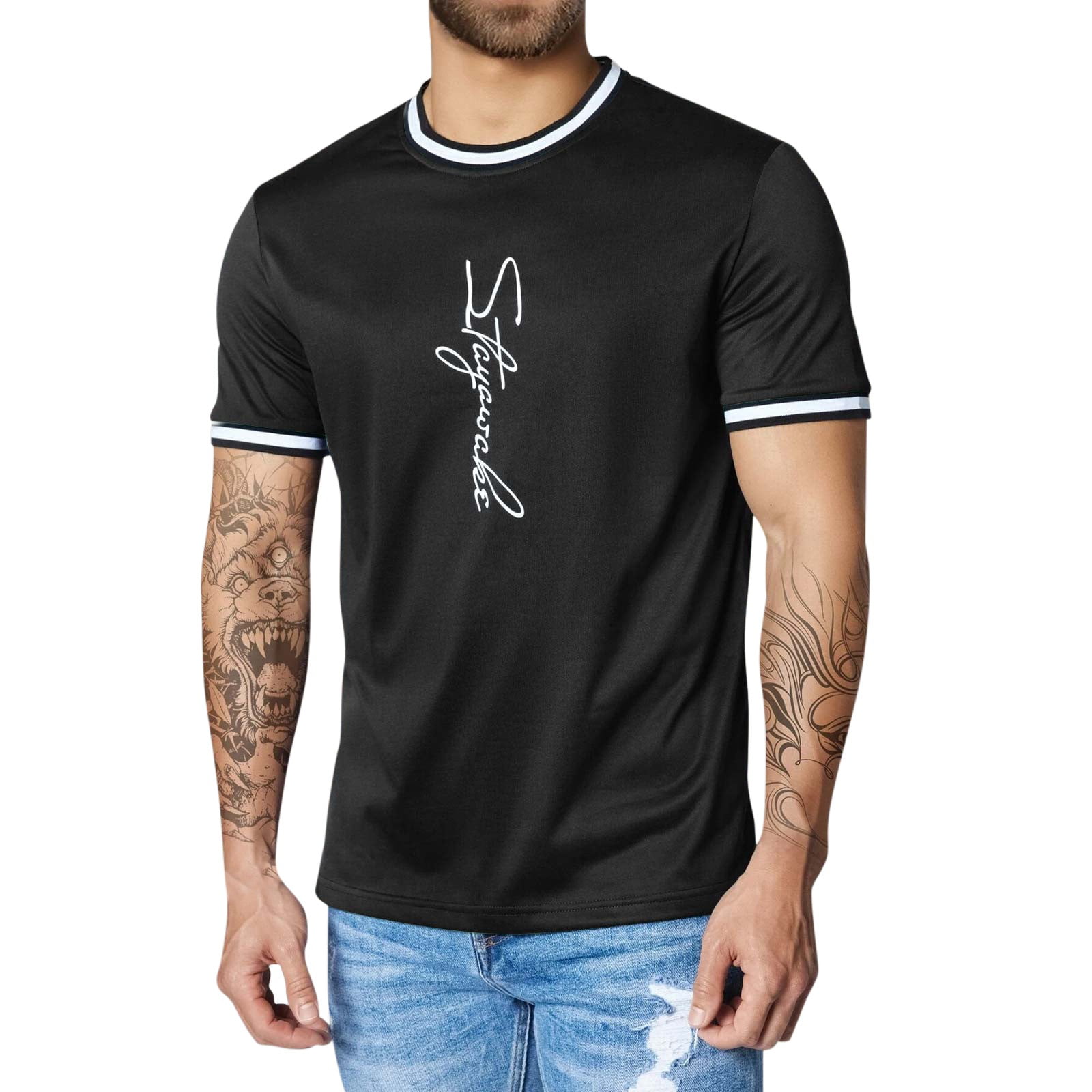 SEMIMAY Mens Summer Muscle Fitness Personality Threaded Cotton Letters Round Neck Short Sleeve T ...