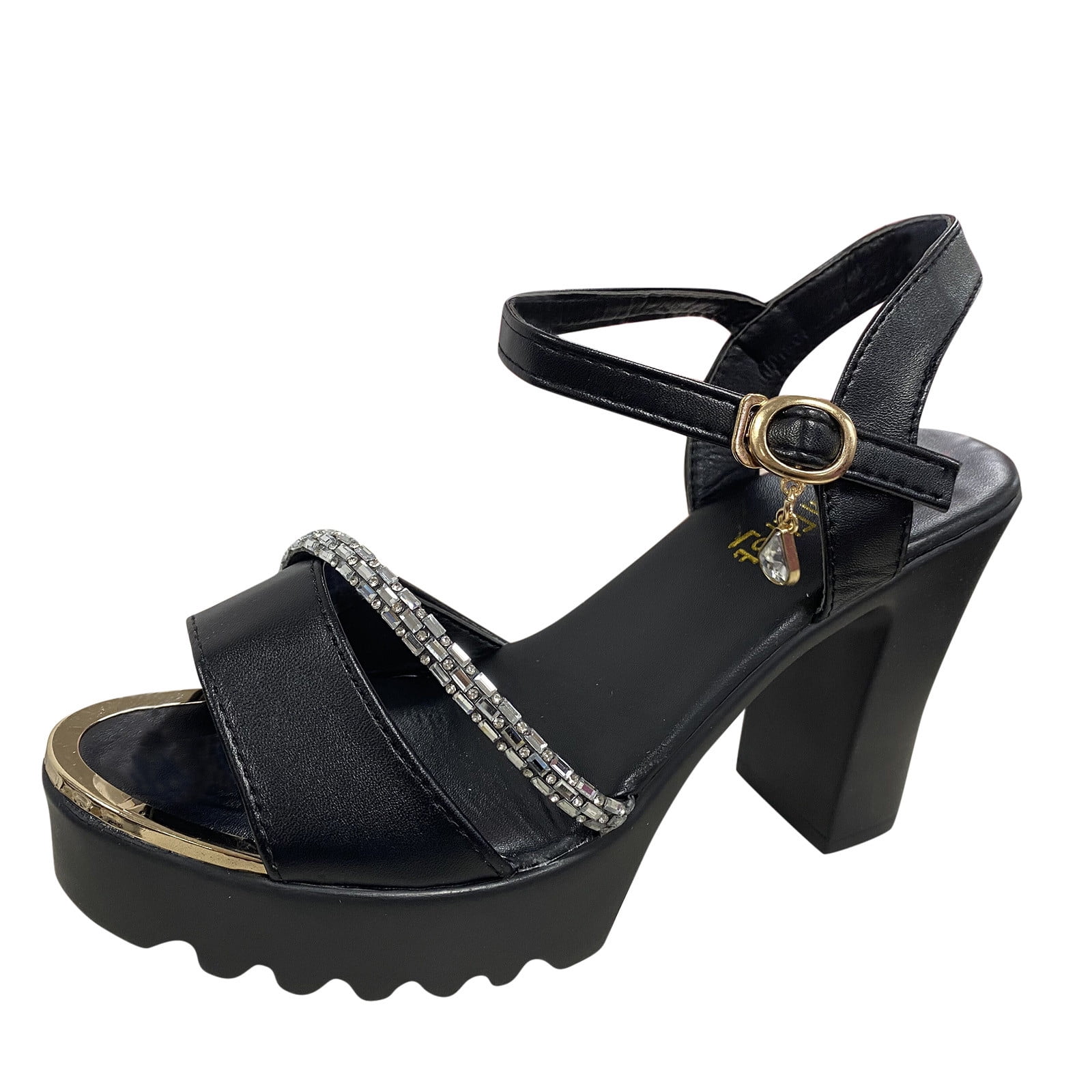 SEMIMAY Thick Sole High Fashion Heel Leather Sandals Rhinestones Buckle ...