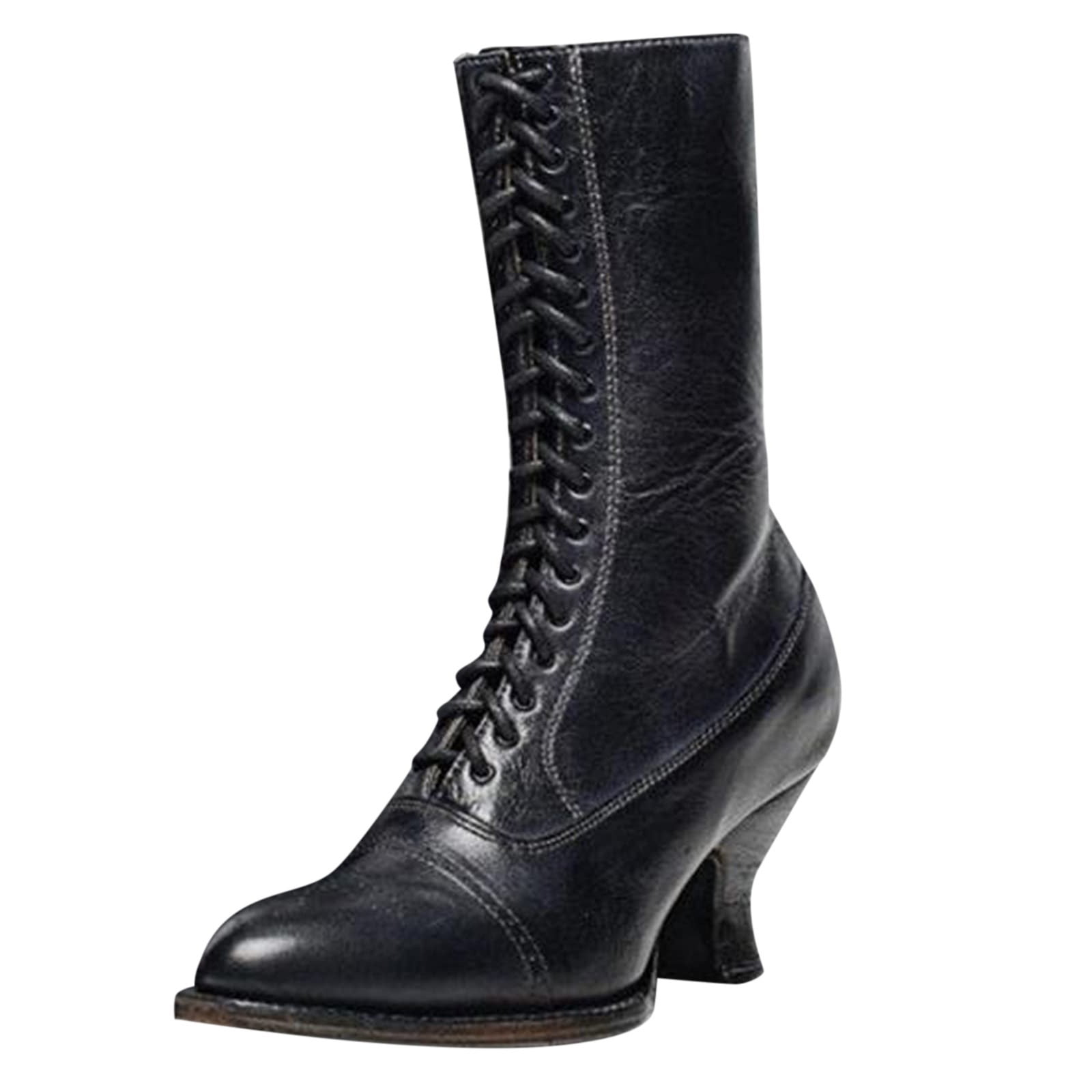 SEMIMAY Toe Heel LaceUp Pointed Boots High Vintage CrossTied Shoes ...