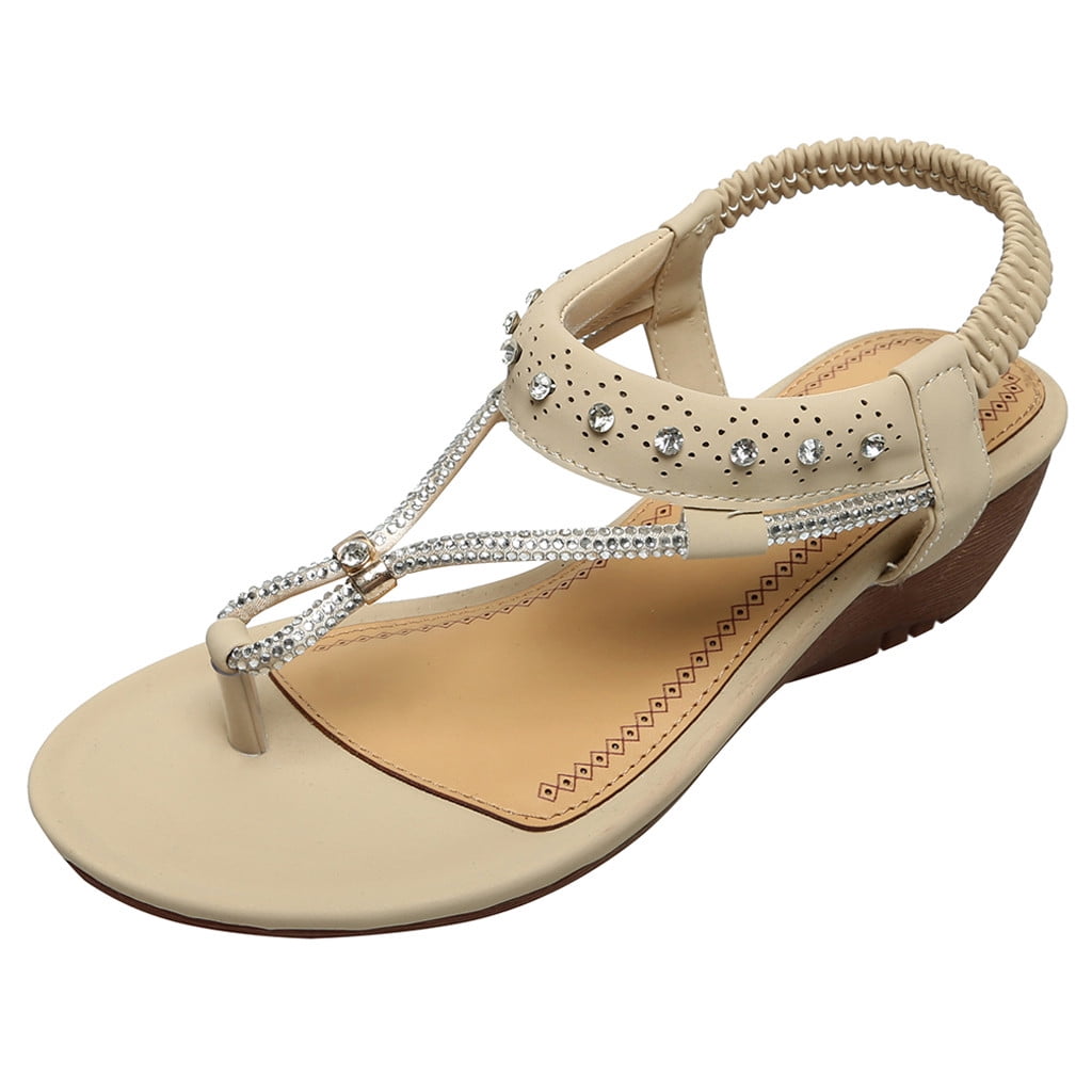 SEMIMAY Women Ladies String Bead Casual Wedges Elastic Band Bohemian ...