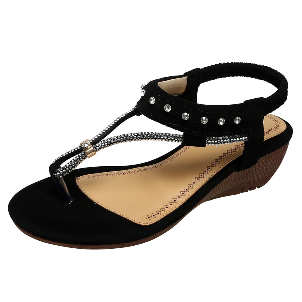 SEMIMAY Women Ladies String Bead Casual Wedges Elastic Band Bohemian ...