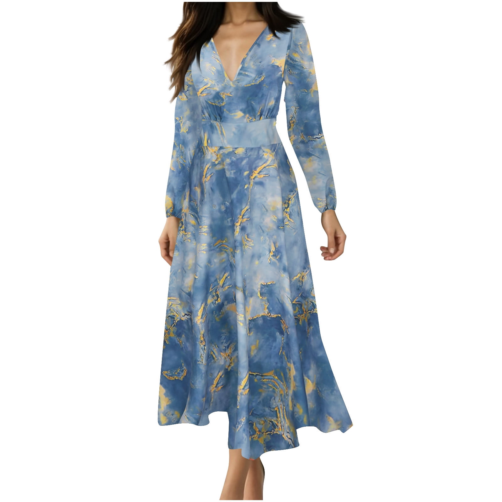 SEMPAI Clearance Summer Dresses Summer Dress Long Sleeve V-Neck Print ...