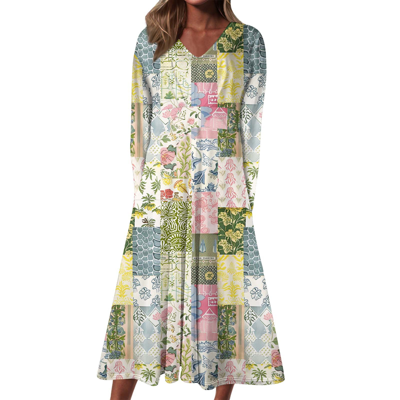 SEMPAI Summer Dresses Dresses Long Sleeve V-Neck Solid Mid-Length ...