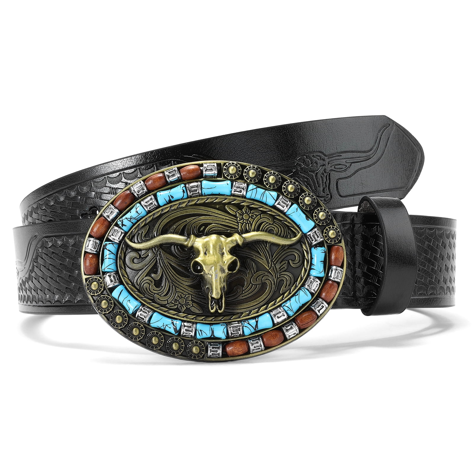 SENDEFN Western Cowboy Belt for Men Women Longhorn Bull Buckle Belt ...
