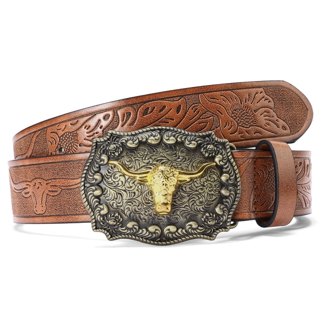 SENDEFN Western Cowboy Belt for Men Women Longhorn Bull Buckle Belts ...