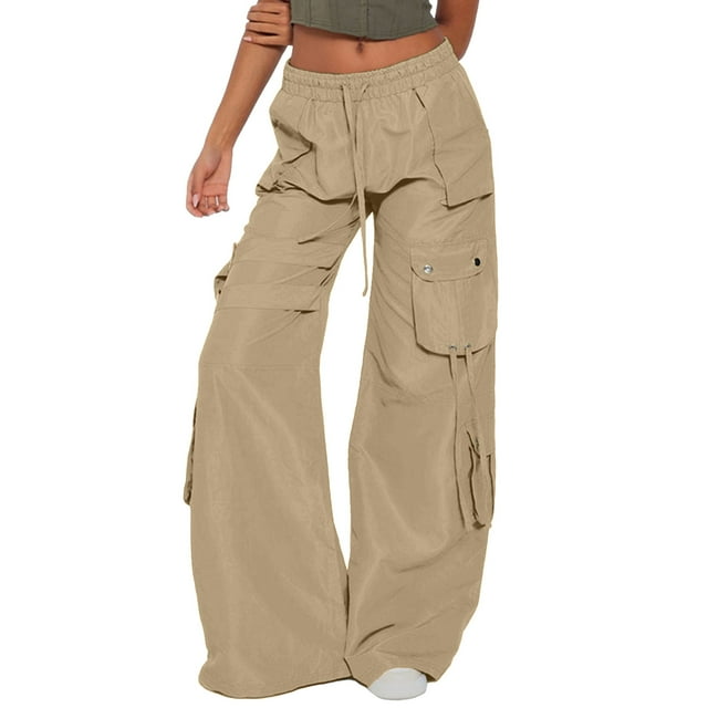 Sengtong Women High Waist Cargo Pants Casual Pocket Tie Solid Color