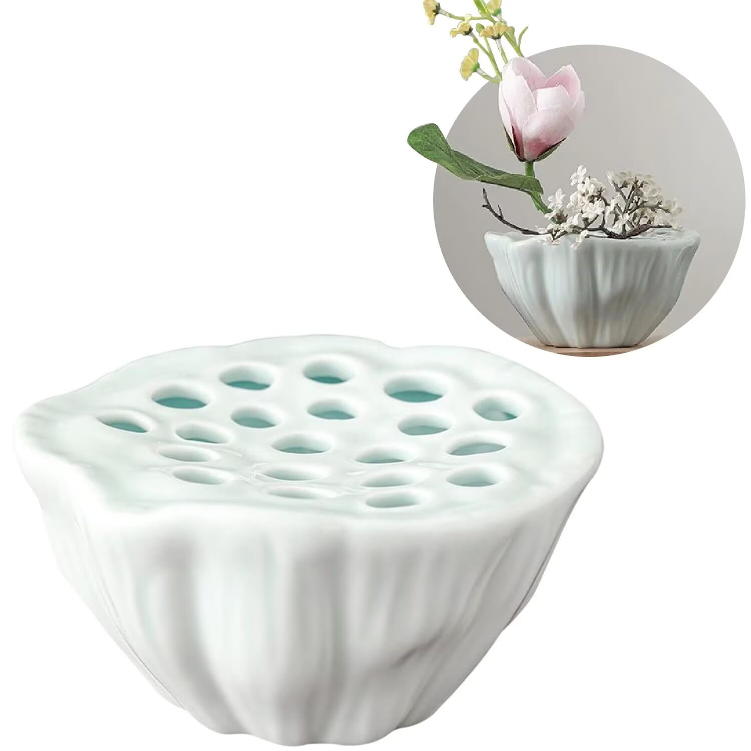SENIURIS Lotus Ceramic Pod Flower Vase, Flower Frog Pot Ikebana Stem ...