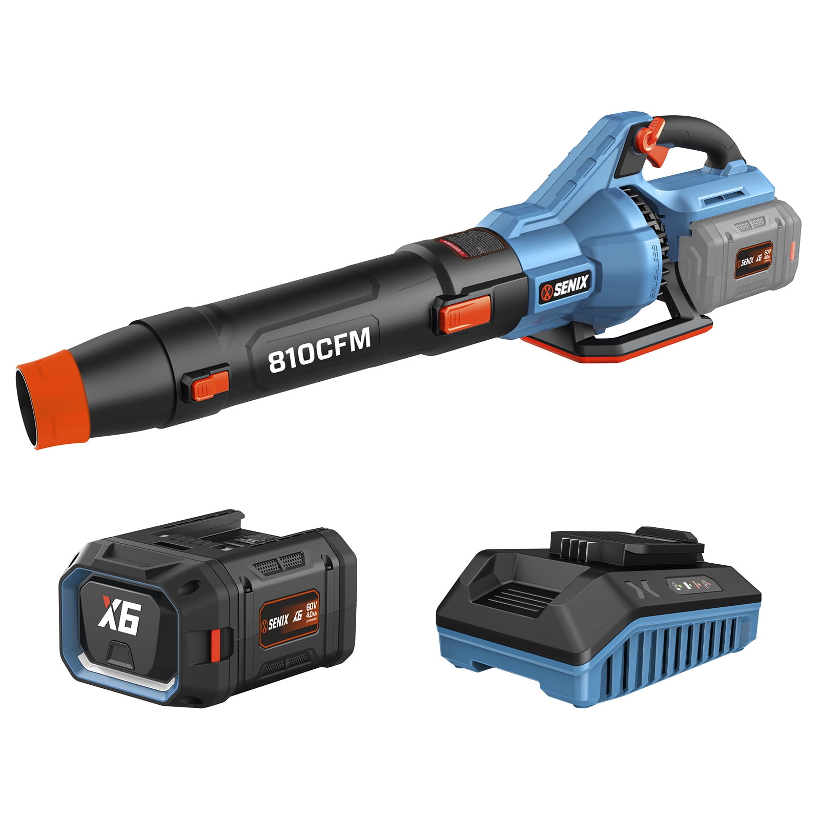 SENIX 60V Max* 810 CFM/170 MPH Brushless Cordless Leaf Blower with 4.0Ah Battery & Charger ...