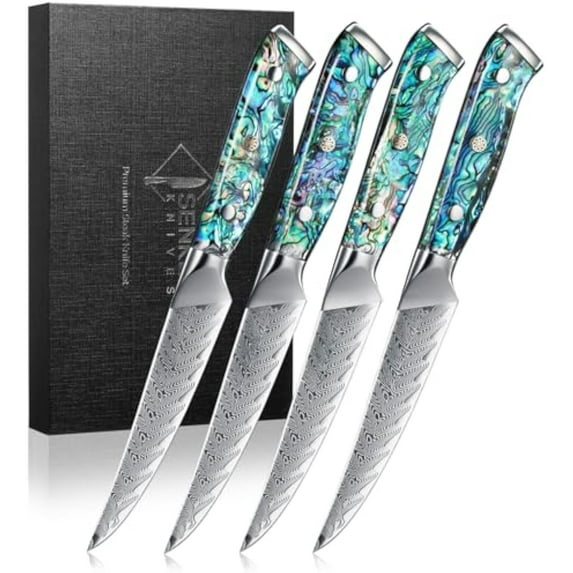SENKEN 4-Piece Damascus Steak Knife Set, Non-Serrated Blades, Real Abalone Shell Handle ...
