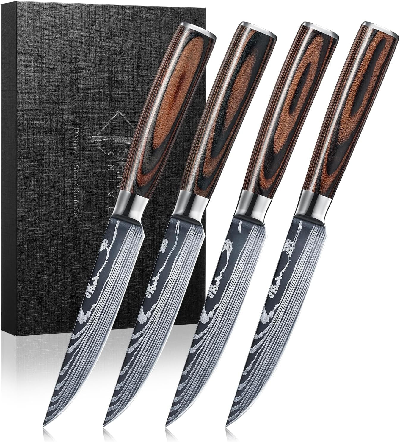 SENKEN Non-Serrated Steak Knife Set with Damascus Pattern - Razor Sharp ...