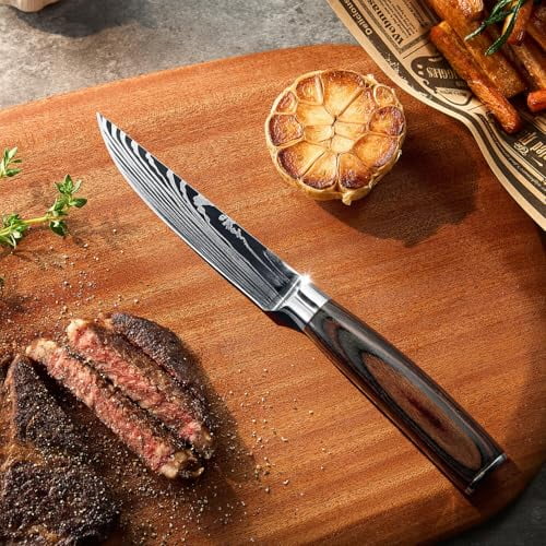 SENKEN Non-Serrated Steak Knife Set with Damascus Pattern - Razor Sharp ...