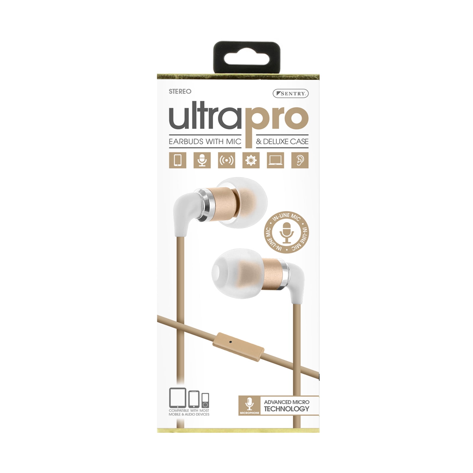 SENTRY Ultra Pro Stereo Earbuds with inline mic & case Gold H7004 ...