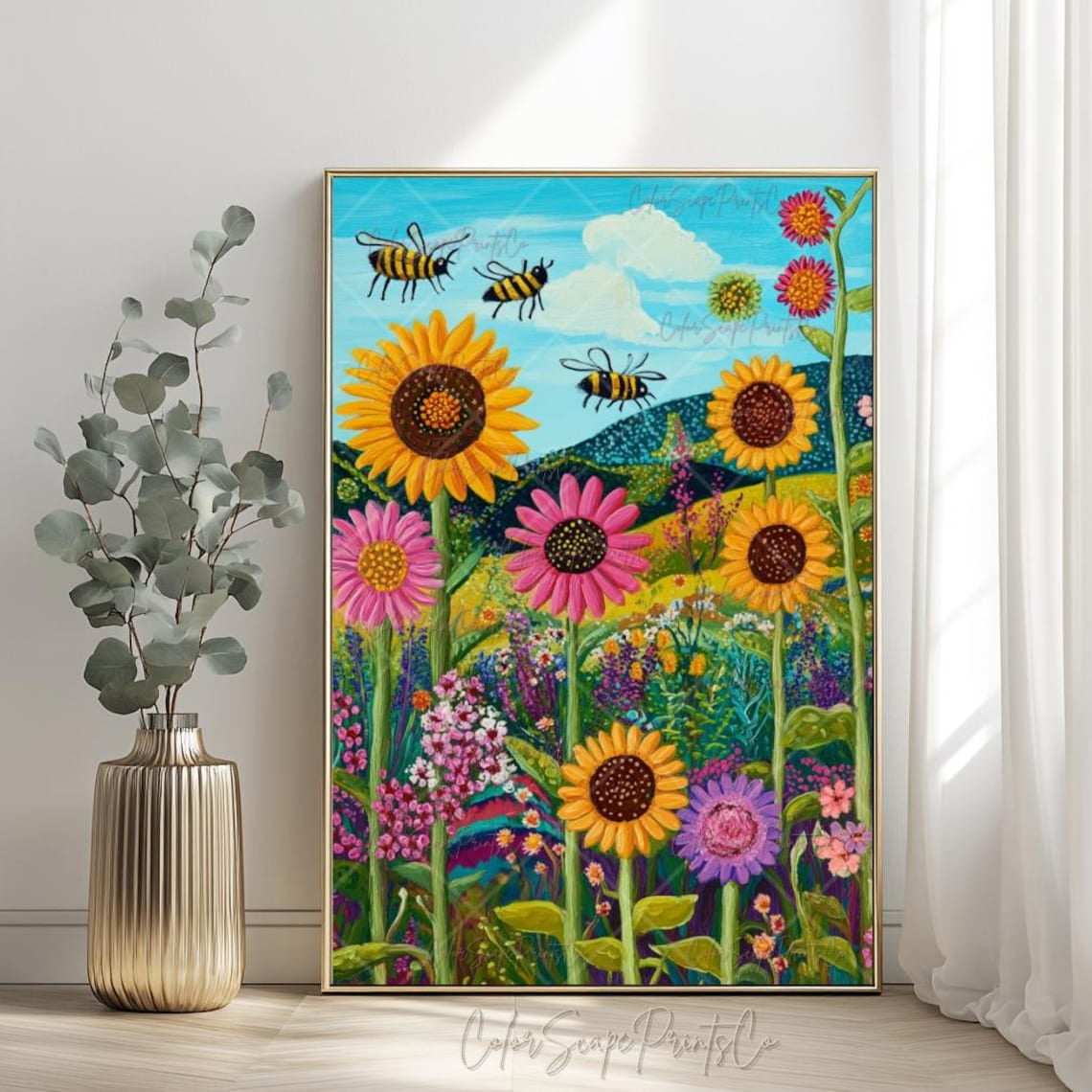 SEPT Bee And Sunflower Print Bee Painting Striped Sunflowers Wall Art ...