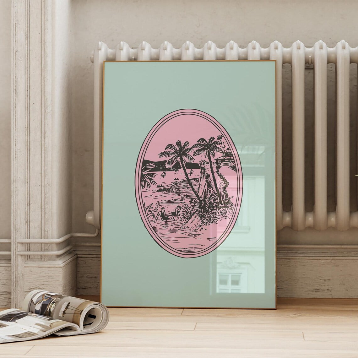 SEPT Blue And Pink Coastal Print Palm Tree Beach Wall Art Retro ...