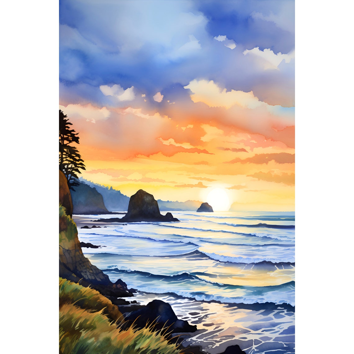 SEPT Cannon Beach Painting Oregon Coast Wall Art Sunset Watercolor ...