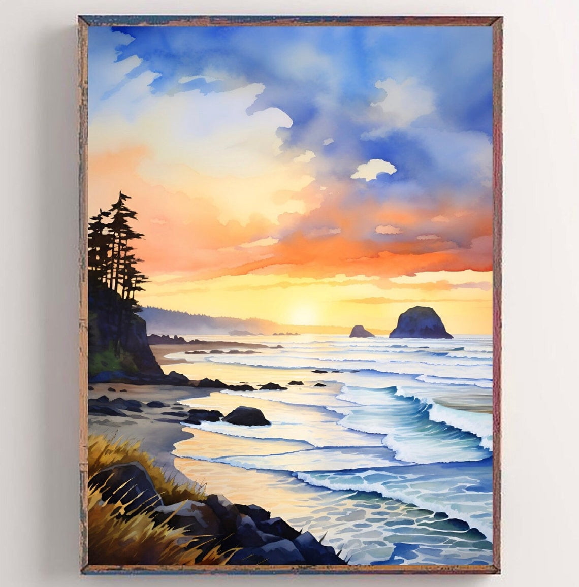SEPT Cannon Beach Wall Art Oregon Watercolor Painting Sunset Art Print ...