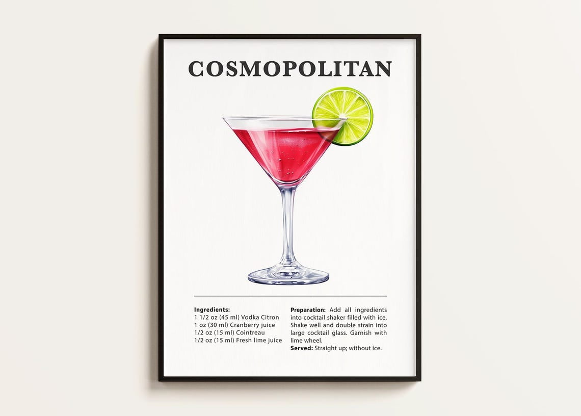 SEPT Cosmopolitan Poster, Cosmopolitan Recipe, Cocktail Print, Bar ...