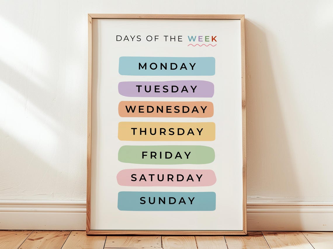 SEPT Days Of The Week Print Educational Poster, Kids Printable Wall Art ...