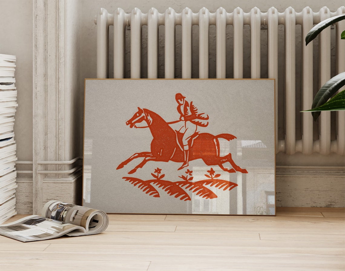 SEPT Equestrian Print In Red Vintage Horse Rider Wall Art Horizontal ...