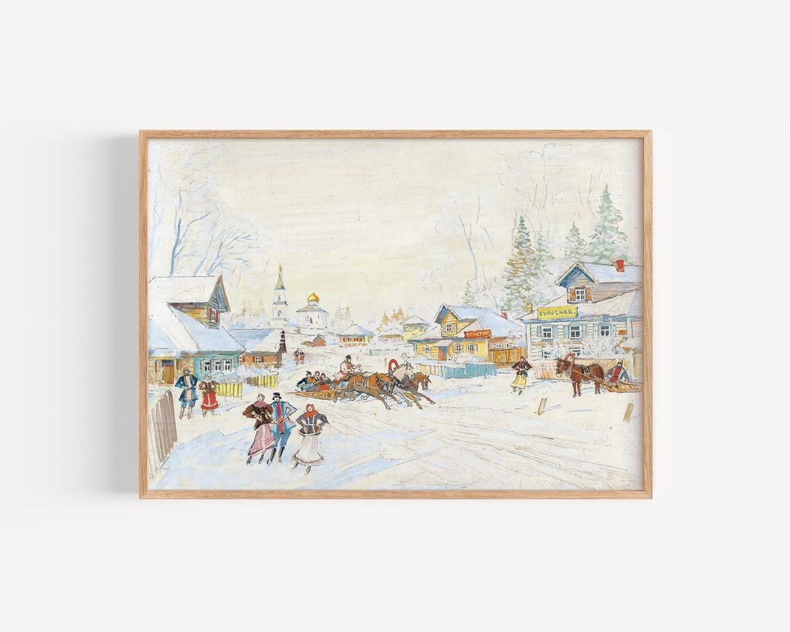 SEPT Festive Winter Village Scene Horse-Drawn Sleigh Ride Digital Wall ...