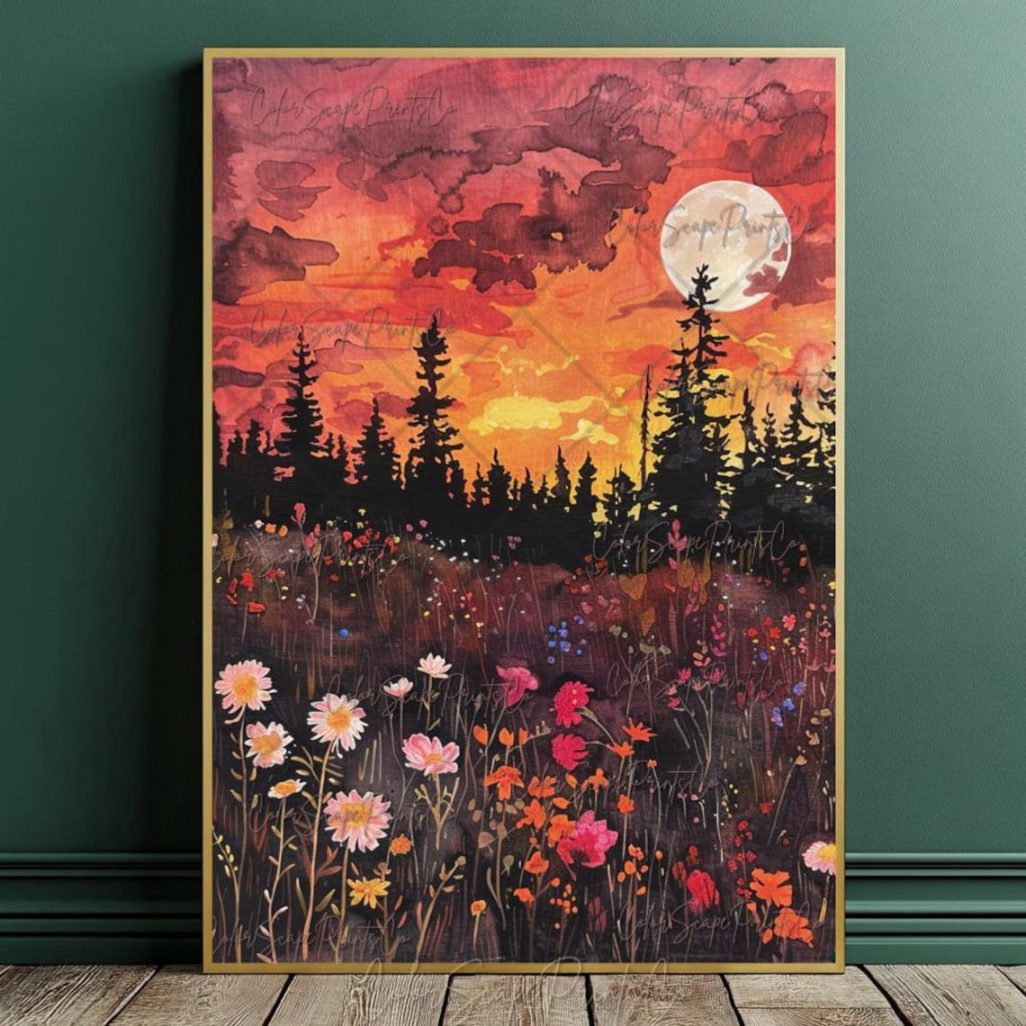 SEPT Field Of Flowers Painting Sunset Mountain Print Wildflower Field ...