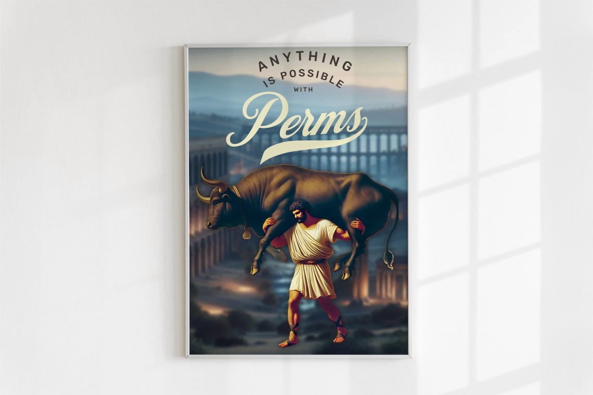 SEPT Funny Perms Art Print Hercules With Bull Retro Humor Wall Art ...