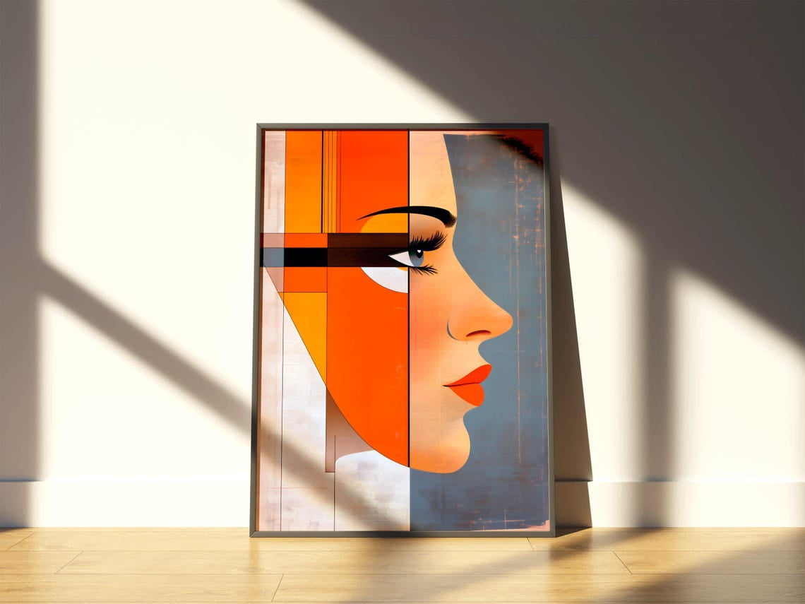 SEPT Geometric Mid Century Modern Wall Art, Retro Female Portrait Print ...