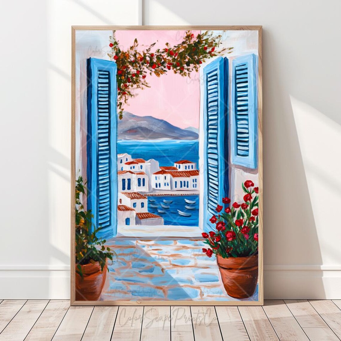 SEPT Greek Island Poster Mediterranean Balcony View Wall Art Coastal ...