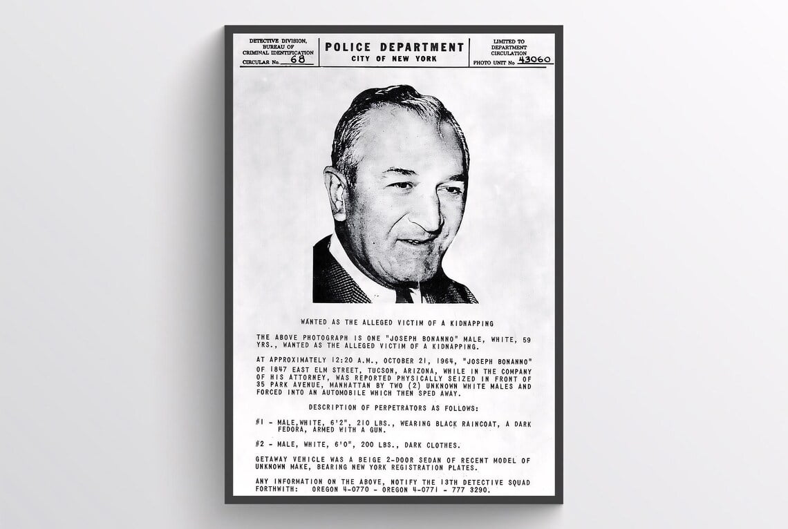 SEPT Joseph Bonanno Wanted Poster, Crime Leader, Mafia Boss, Nyc Police ...