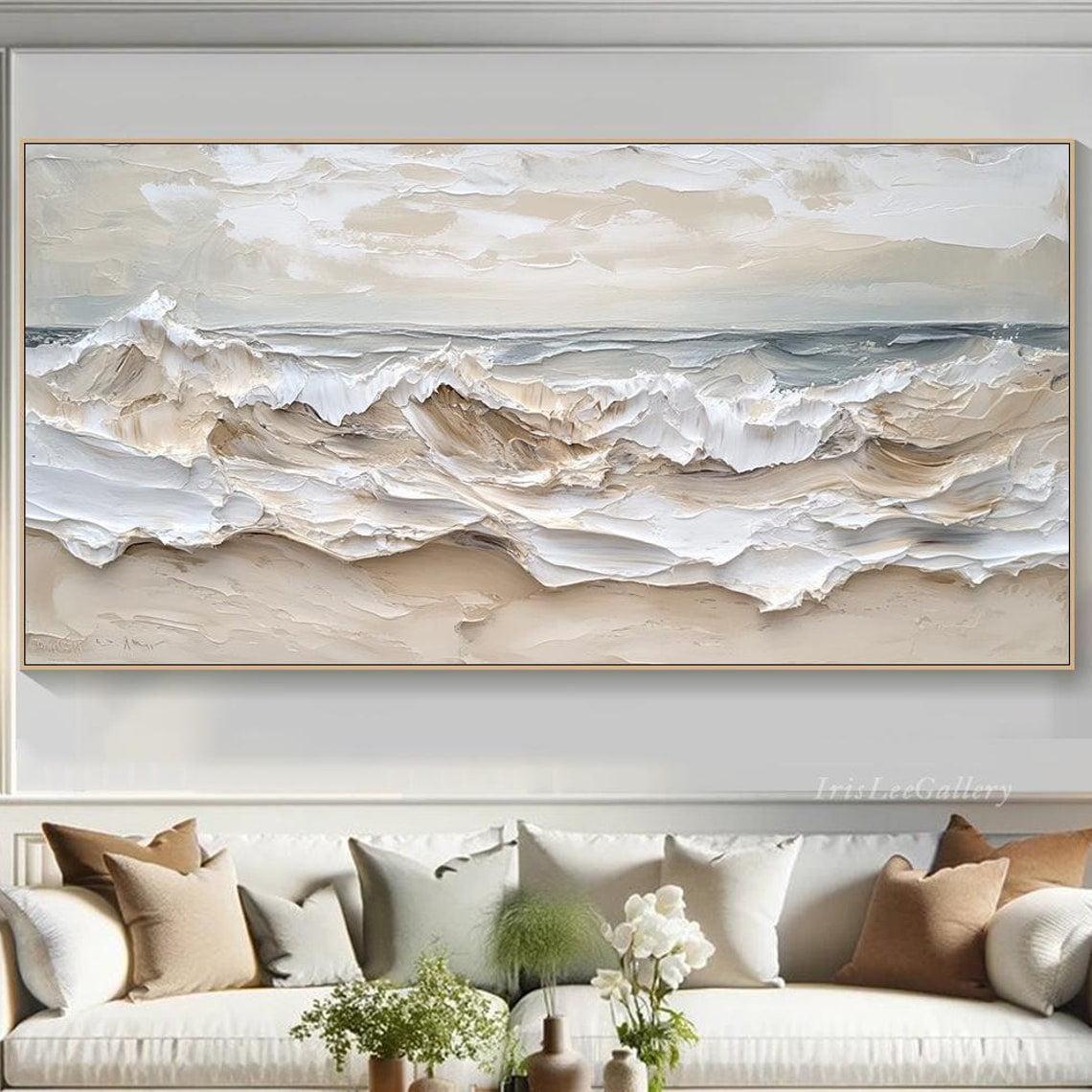 SEPT Large 3D Textured Ocean Wall Art Original Plaster Style Beach Painting On Canvas Earth Tone ...