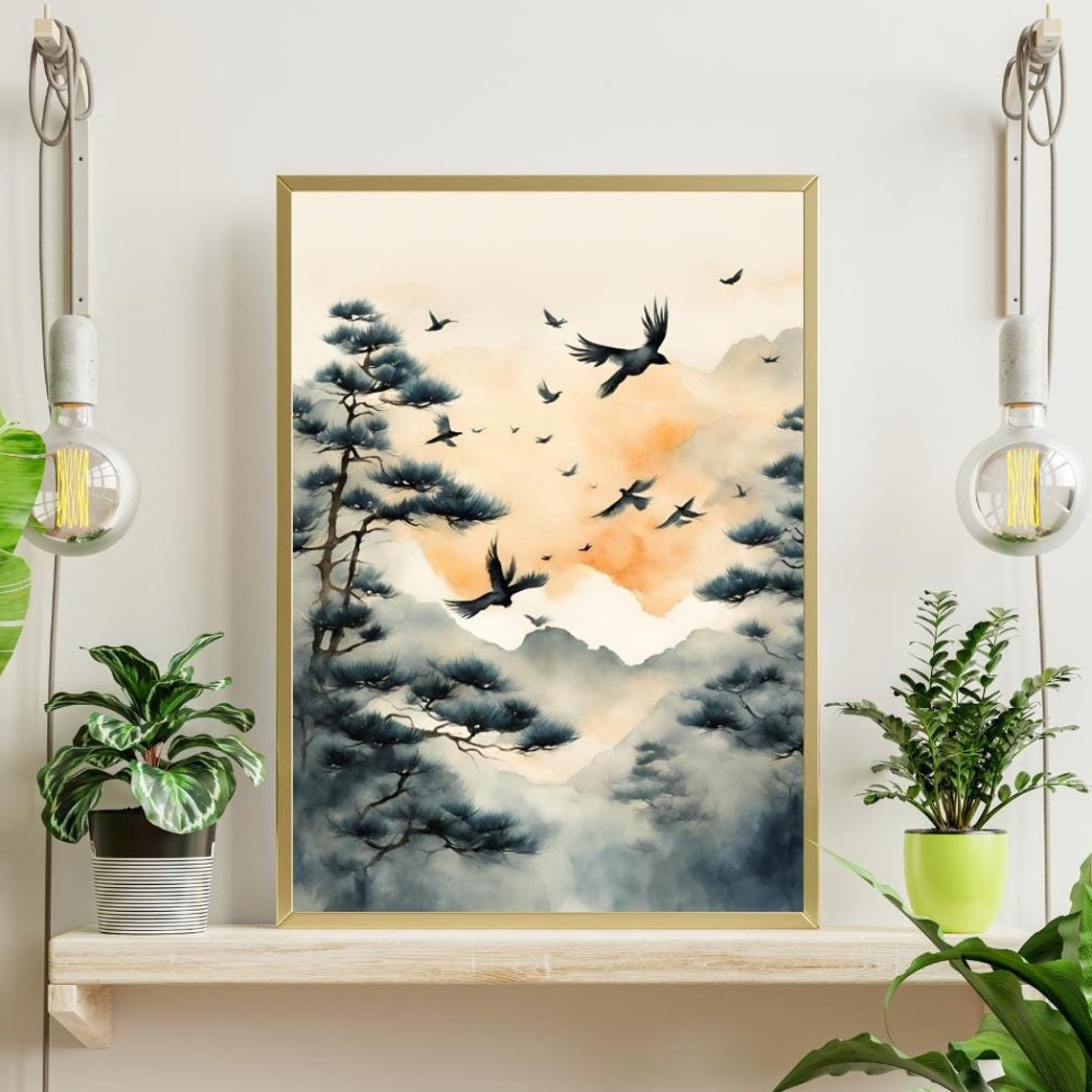 SEPT Misty Mountain & Birds Japandi Wall Art - Japanese Watercolor Zen ...