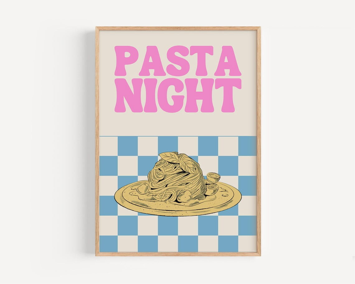SEPT Pasta Night Retro Wall Art - Quirky Digital Kitchen Decor Instant ...