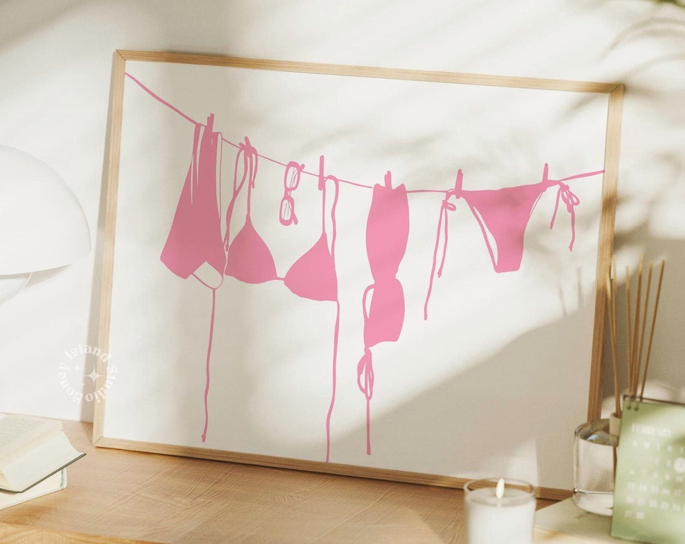 SEPT Pink Bikini Art Print, Swimsuit Drying In The Sun Wall Art, Pink ...