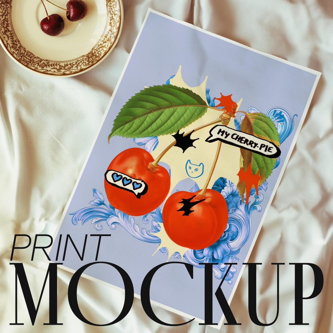 SEPT Print Mockup Laying On Silk With Cherry On Plate Din A Single ...