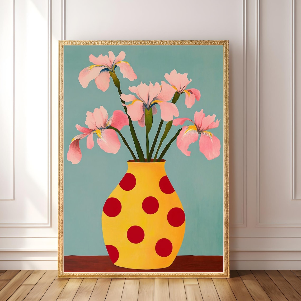 SEPT Printable Pink Iris Wall Art Pop Art Floral Print Yellow Polka Dot ...