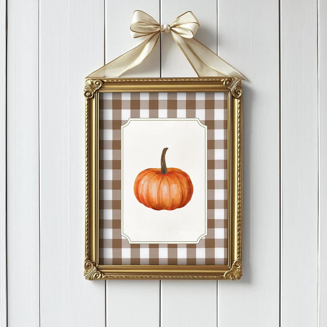 SEPT Pumpkin Gingham Wall Art, Brown Plaid Fall Kitchen Print ...