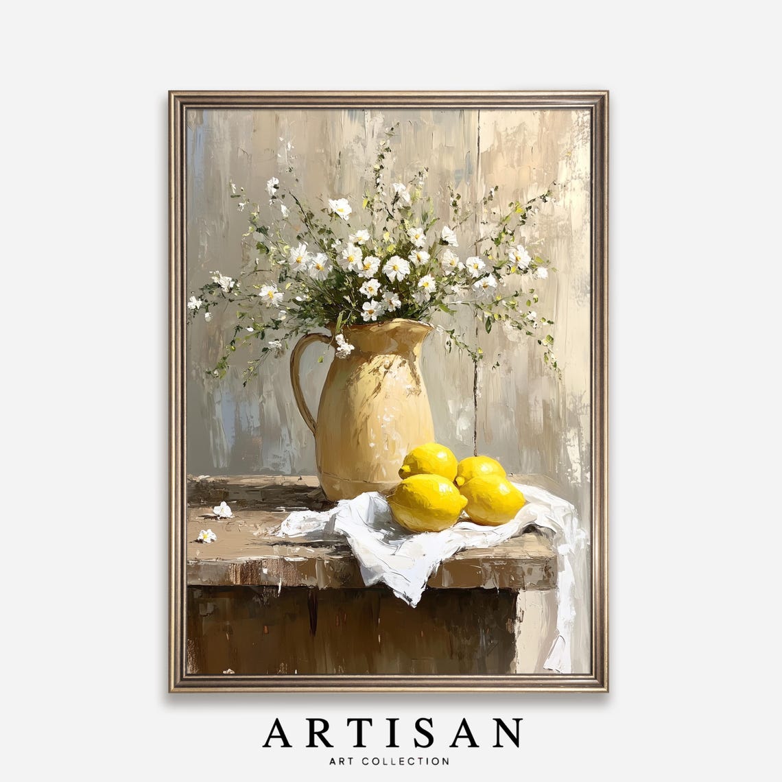 SEPT Rustic Kitchen Oil Painting, Lemon Wall Art, Floral Vase Print ...