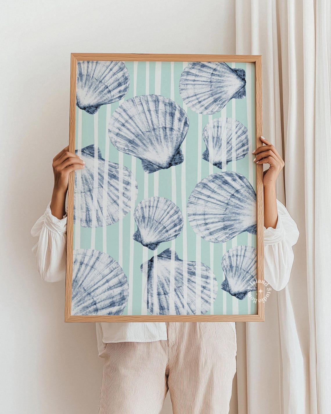 SEPT Seashell Wall Art Coastal Print Blue Stripe Beach Decor Nautical ...