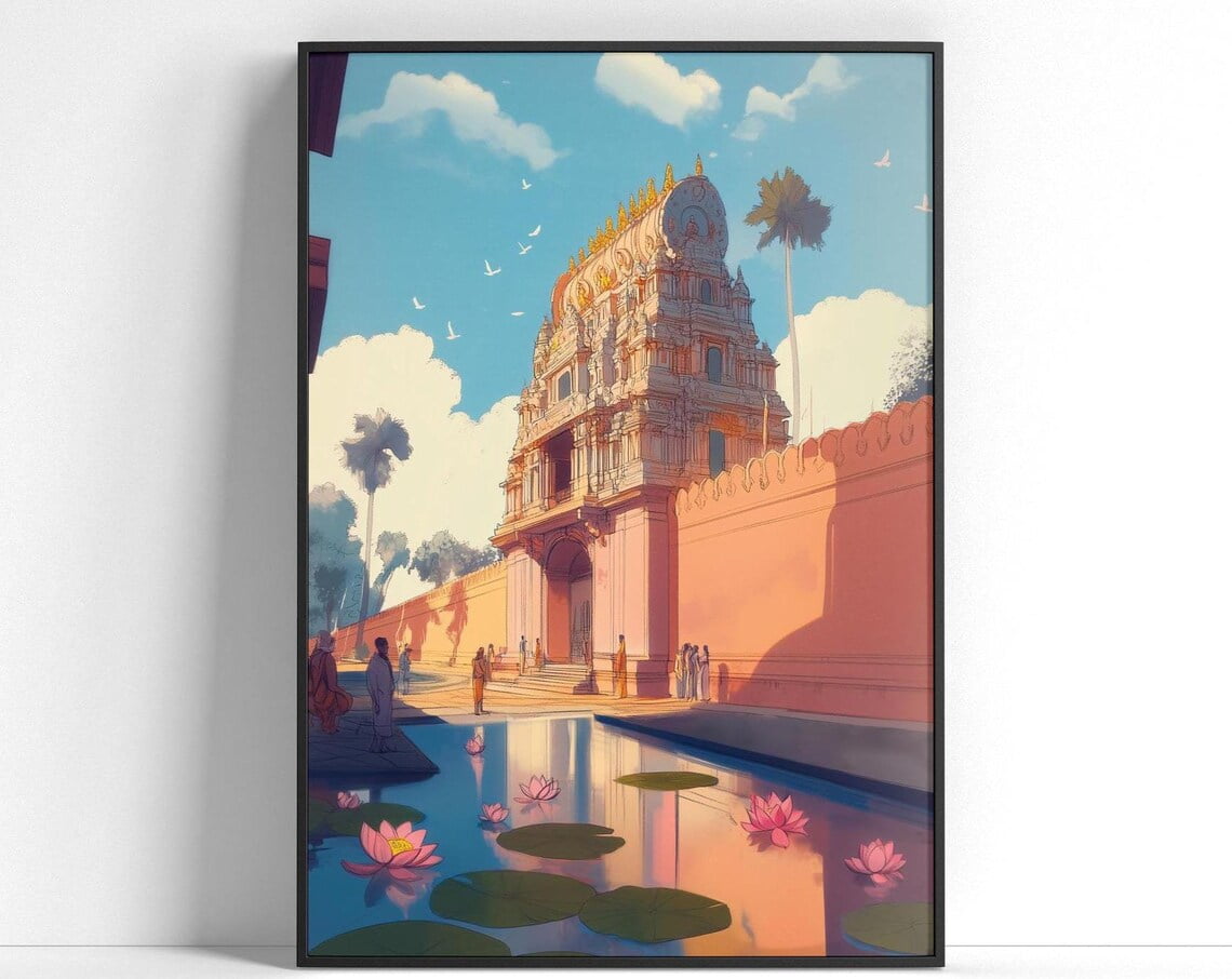 SEPT South Indian Temple Blue Wall Decor Poster Inspired Watercolor ...