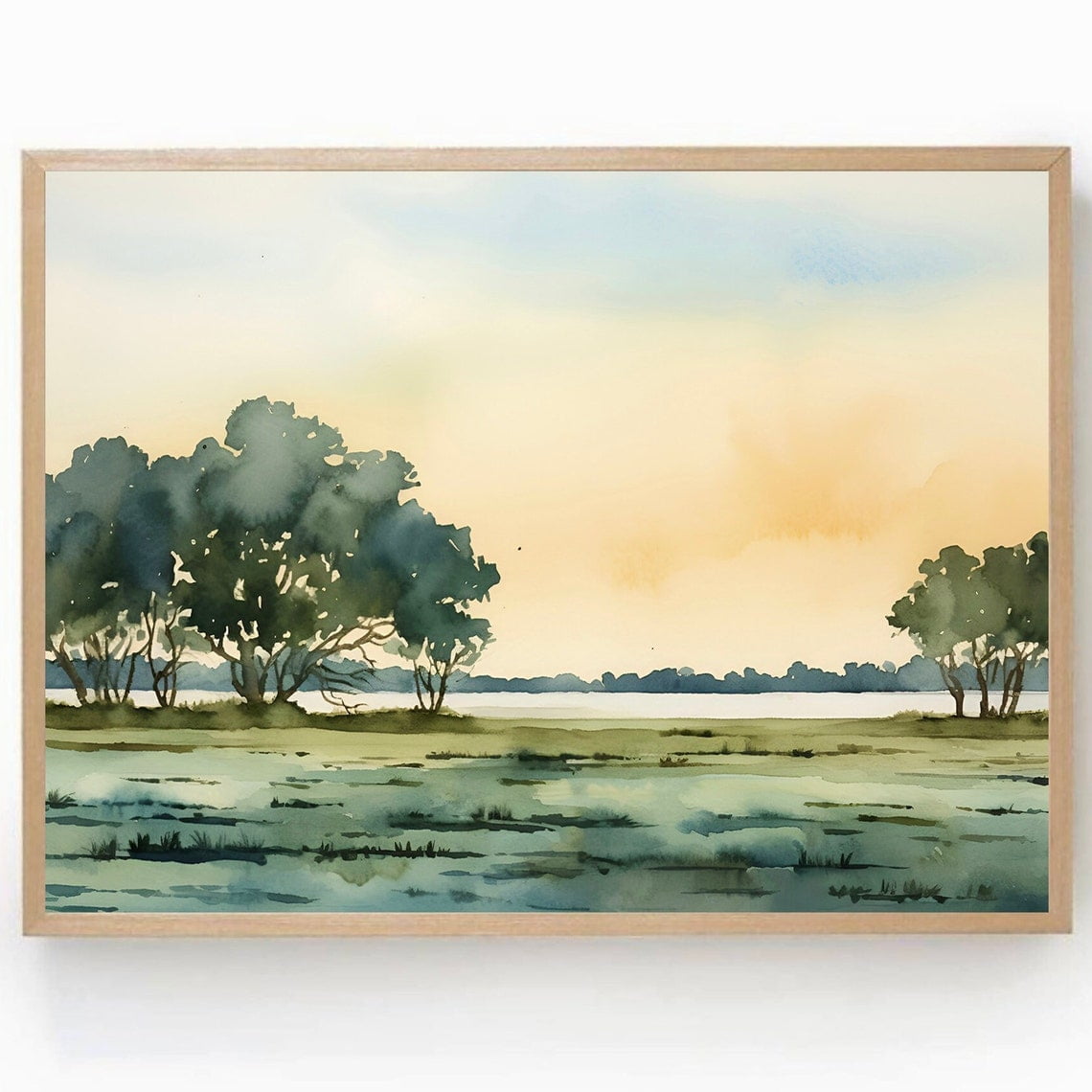 SEPT Sunset Lake Print Watercolor Painting Green Field Poster Neutral ...