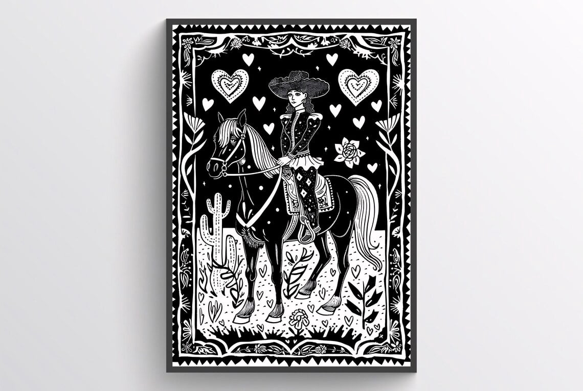 SEPT Traditional Woman And Horse - Folklore Black & White Illustration ...