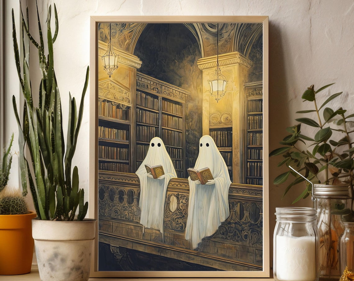 SEPT Two Cute Ghosts In A Library Print, Romantic Dark Academia, Moody ...