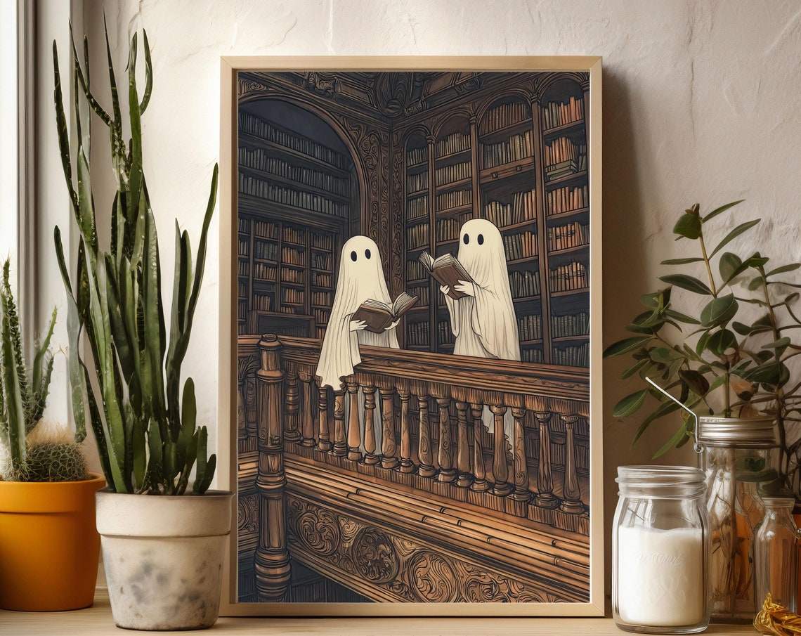 SEPT Two Cute Ghosts In A Library Print, Romantic Dark Academia, Moody ...